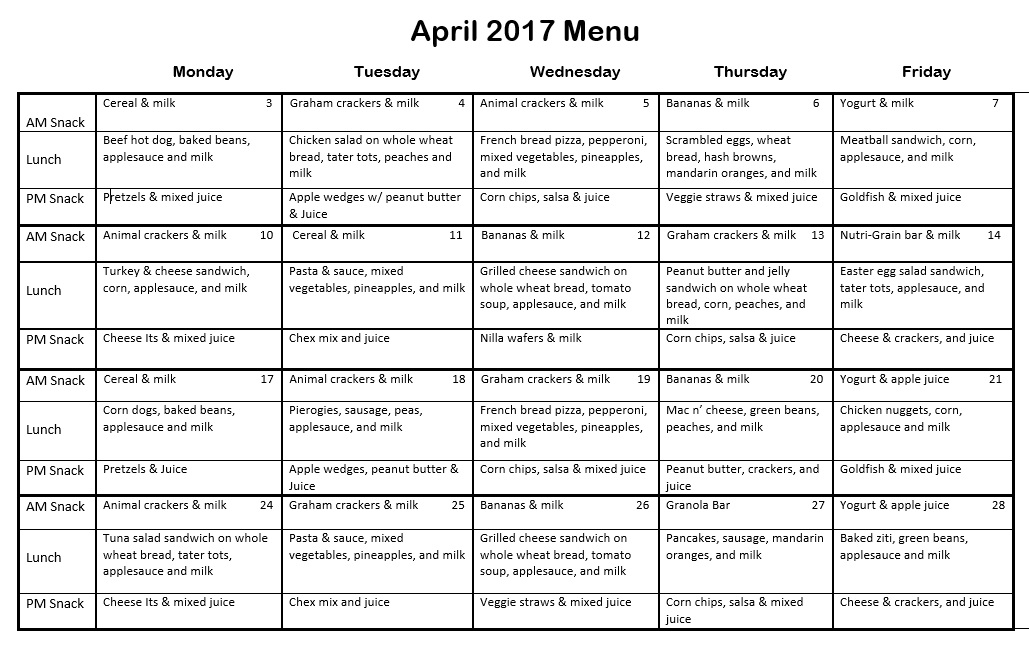 Monthly Menu | Children Central